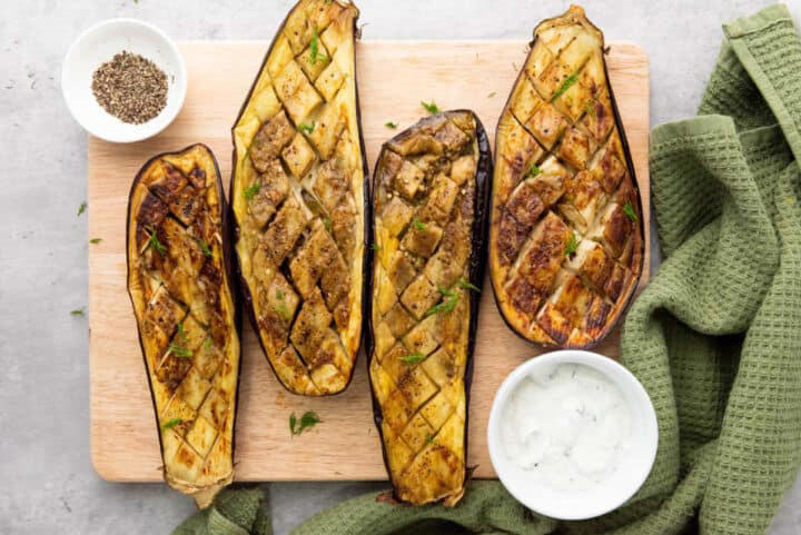 Roasted eggplant with yogurt dill sauce