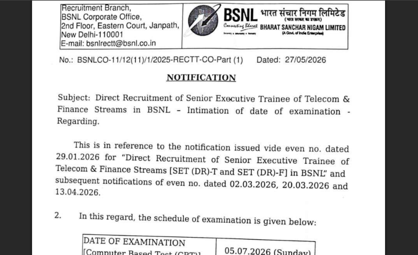 BSNL SET exam date announced, admit cards to be released soon: Check ...