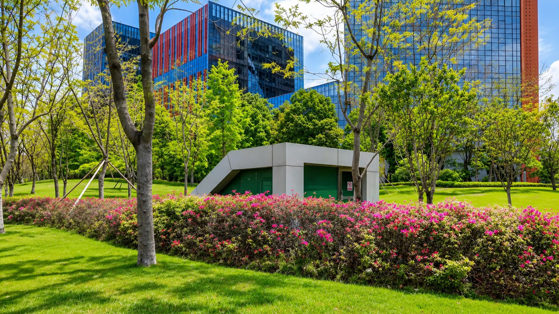 Wide lawns and trees shape this growing urban green space