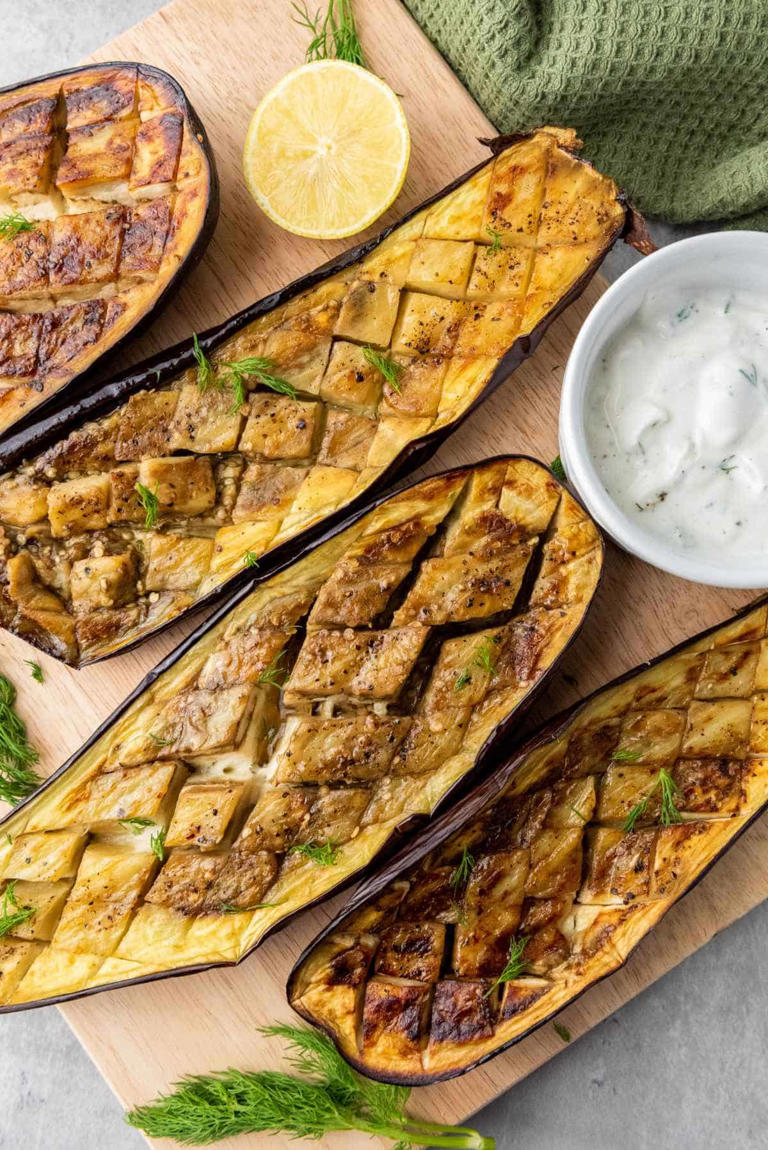 Roasted eggplant with yogurt dill sauce