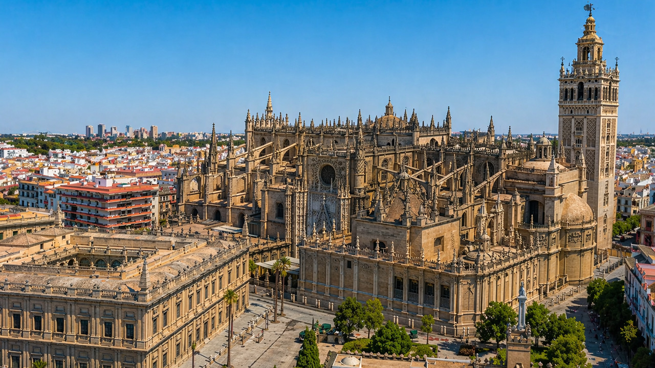 Seville Cathedral and La Giralda in a bright city view