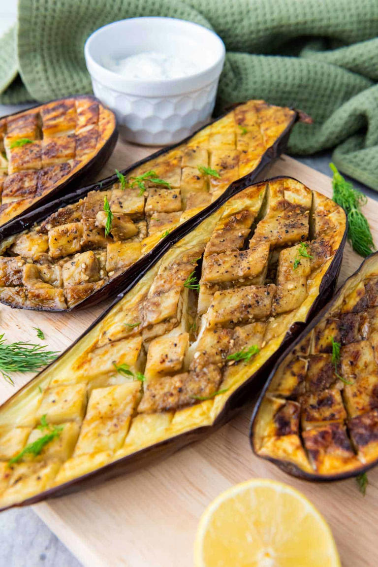 Roasted eggplant with yogurt dill sauce