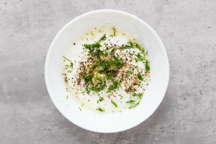 Roasted eggplant with yogurt dill sauce