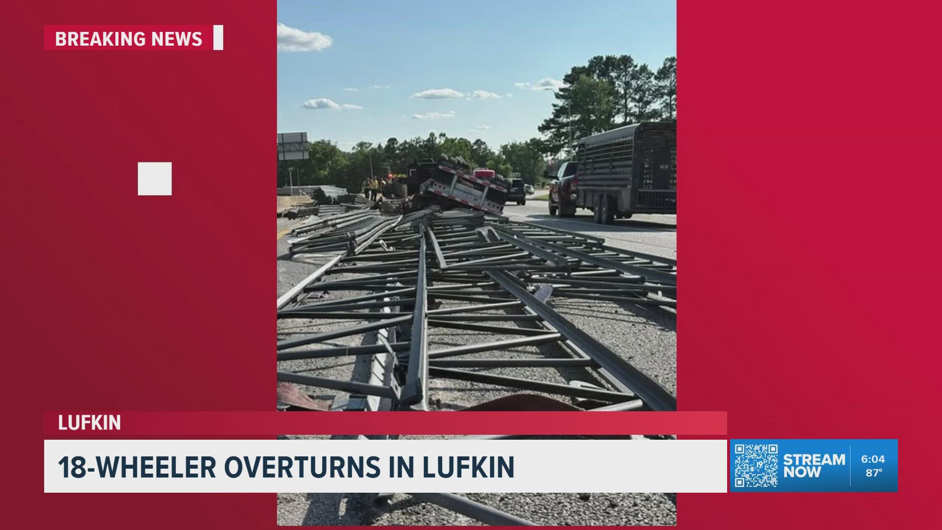 Overturned 18-wheeler blocks South Medford near Denman overpass in Lufkin