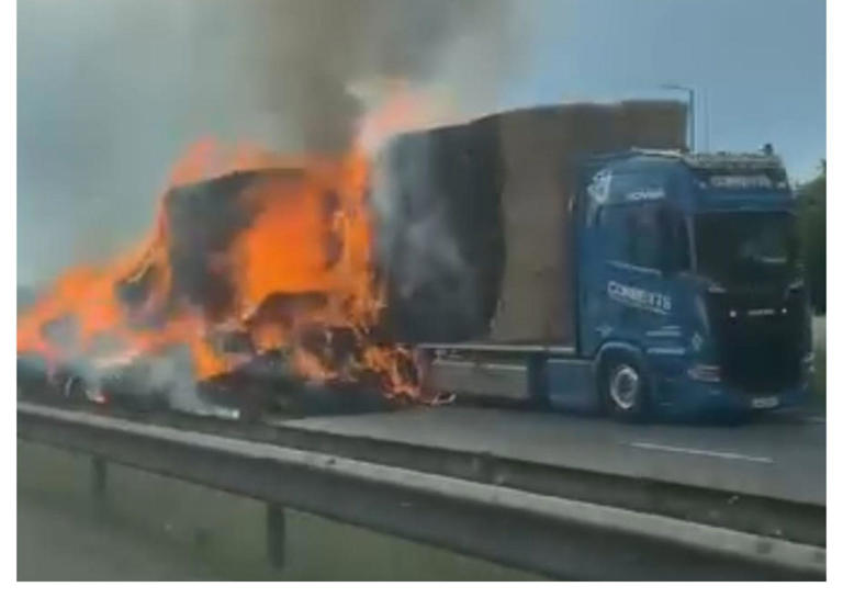 A14 closed near Kettering as firefighters tackle lorry fire