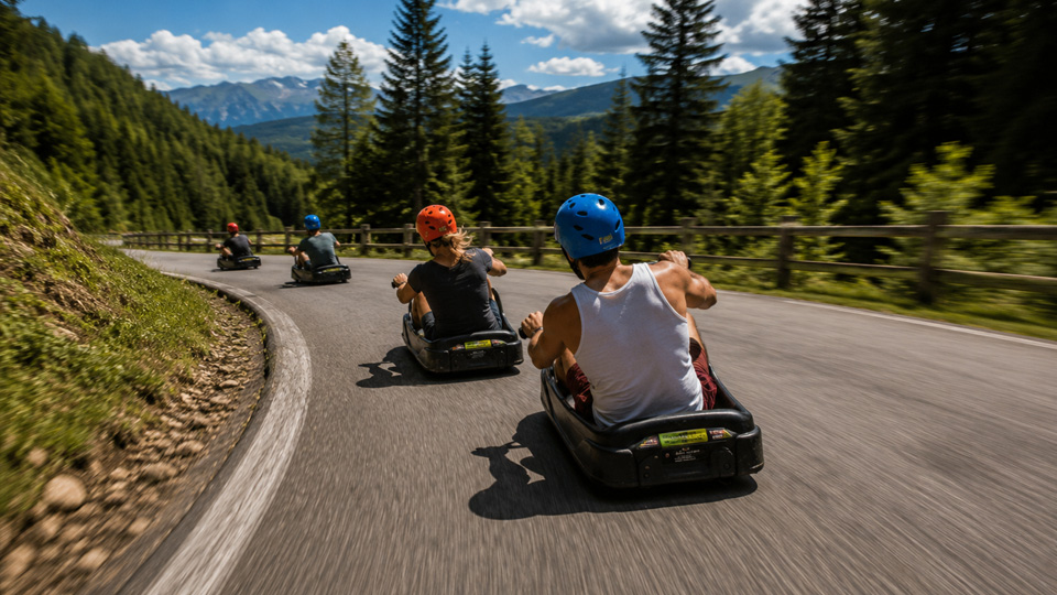 High speed luge run flies through tight corners