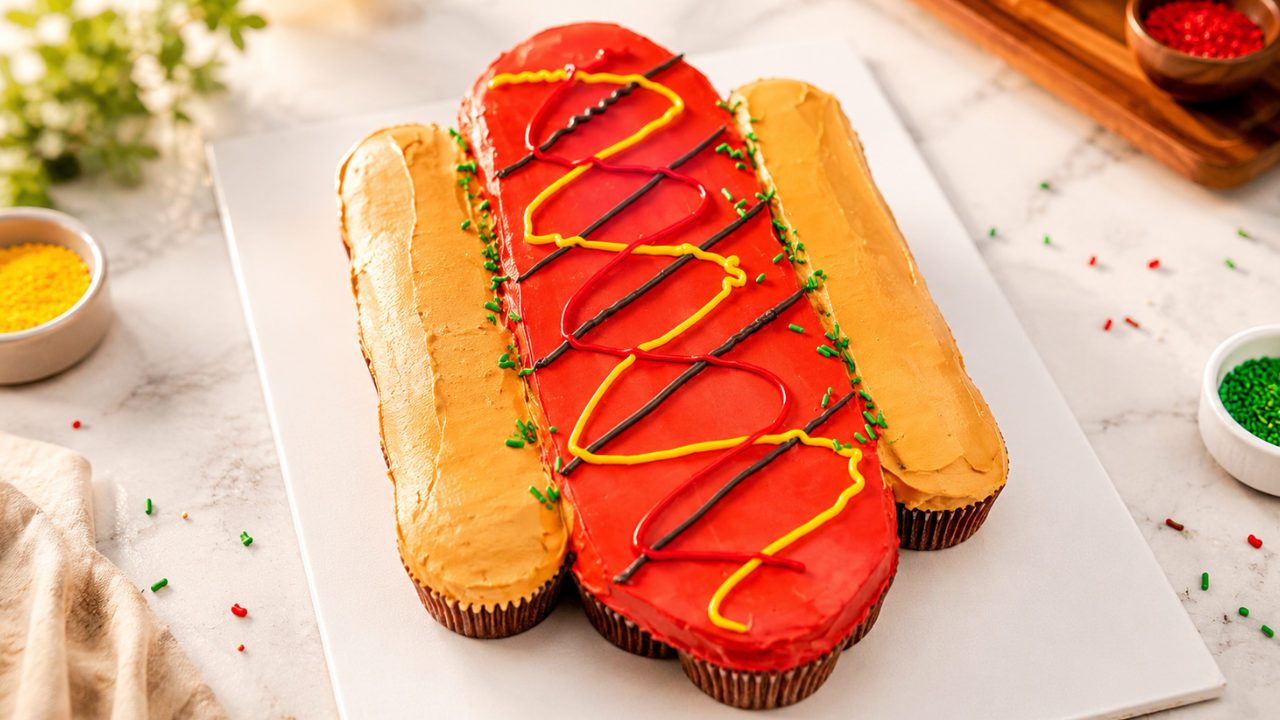 Hotdog cupcake taart met kleurrijke frosting
