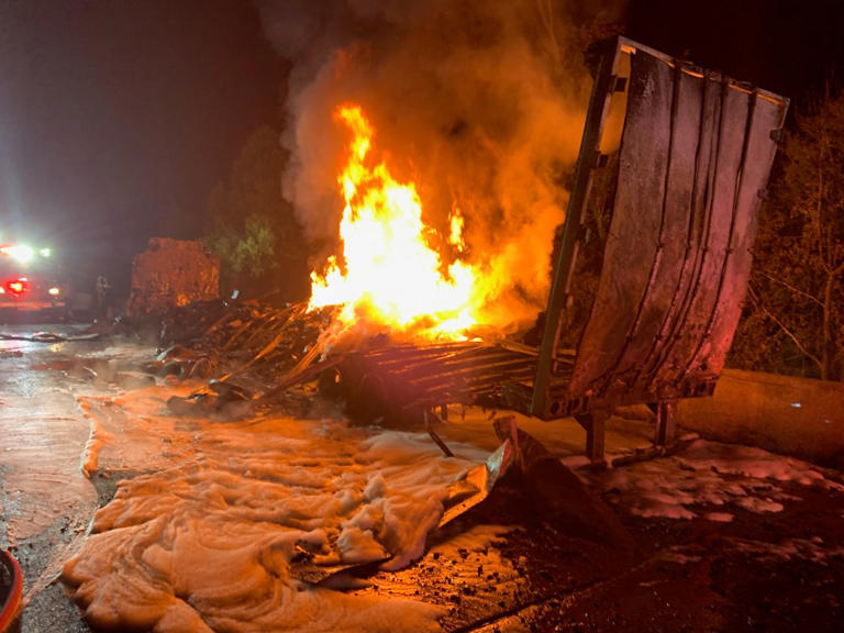Semi hauling motor oil catches on fire; eastbound I-10 inside lane now open
