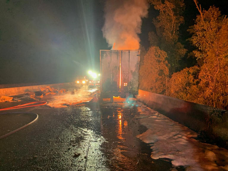 Semi hauling motor oil catches on fire; eastbound I-10 inside lane now open