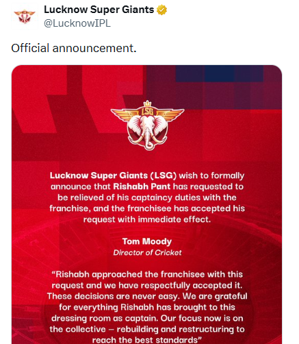 IPL 2026: Rishabh Pant steps down as Lucknow Super Giants captain