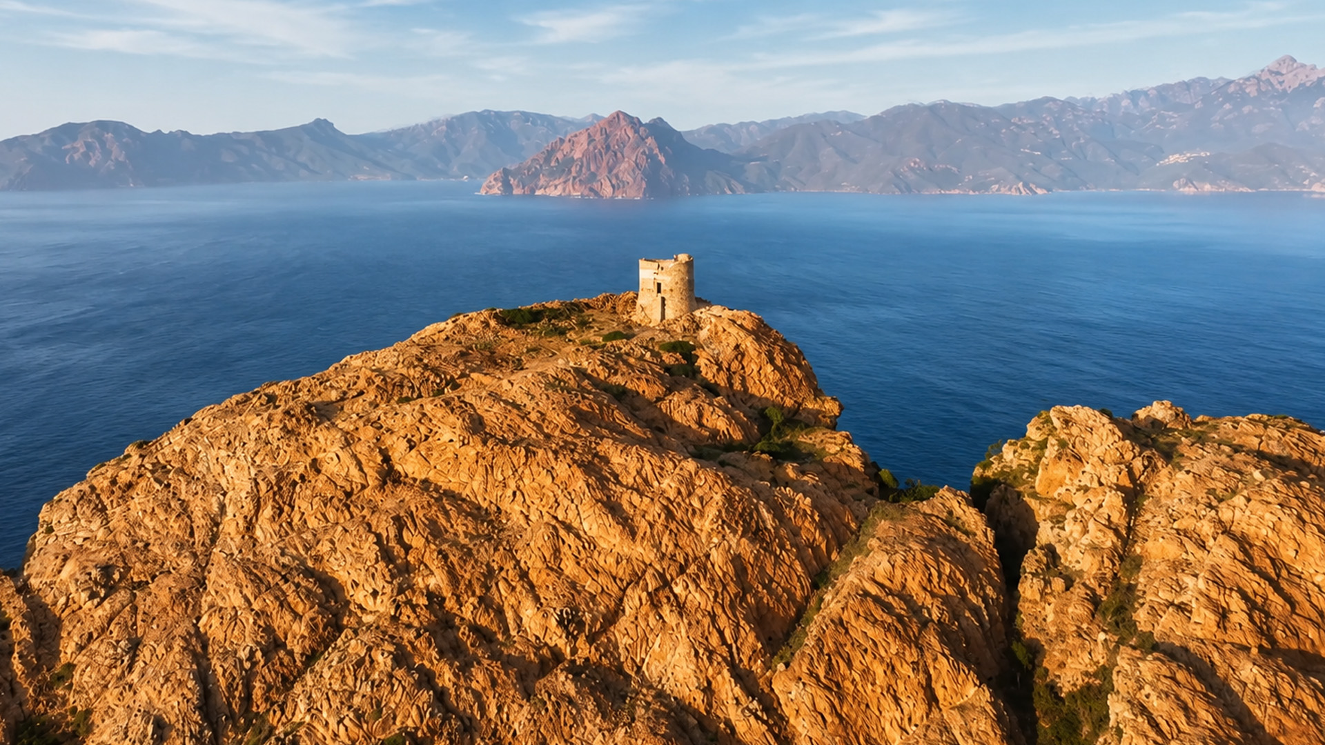 A stone tower isolated between mountains and sea