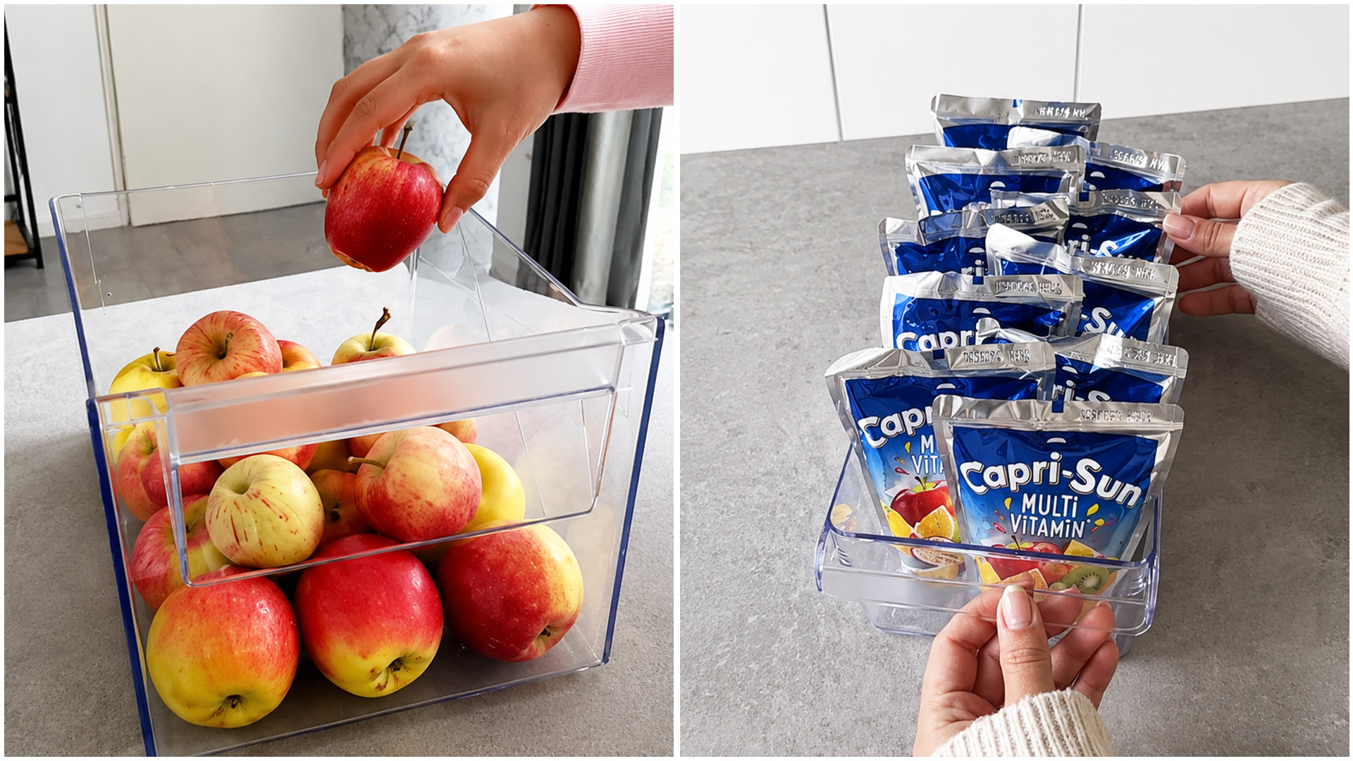Neat fridge and snack organization moments