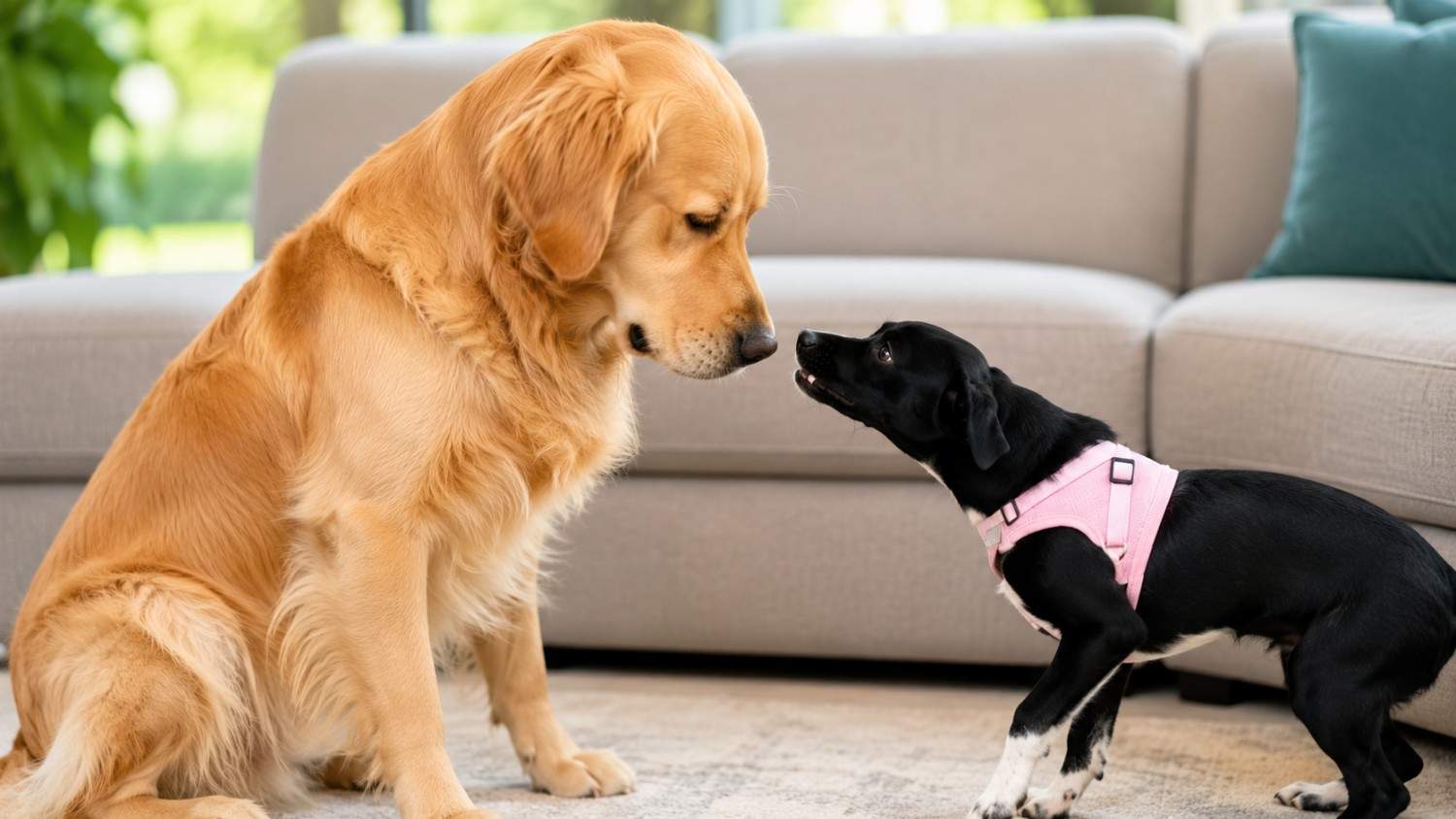 Golden retriever helps a scared rescue puppy feel safe