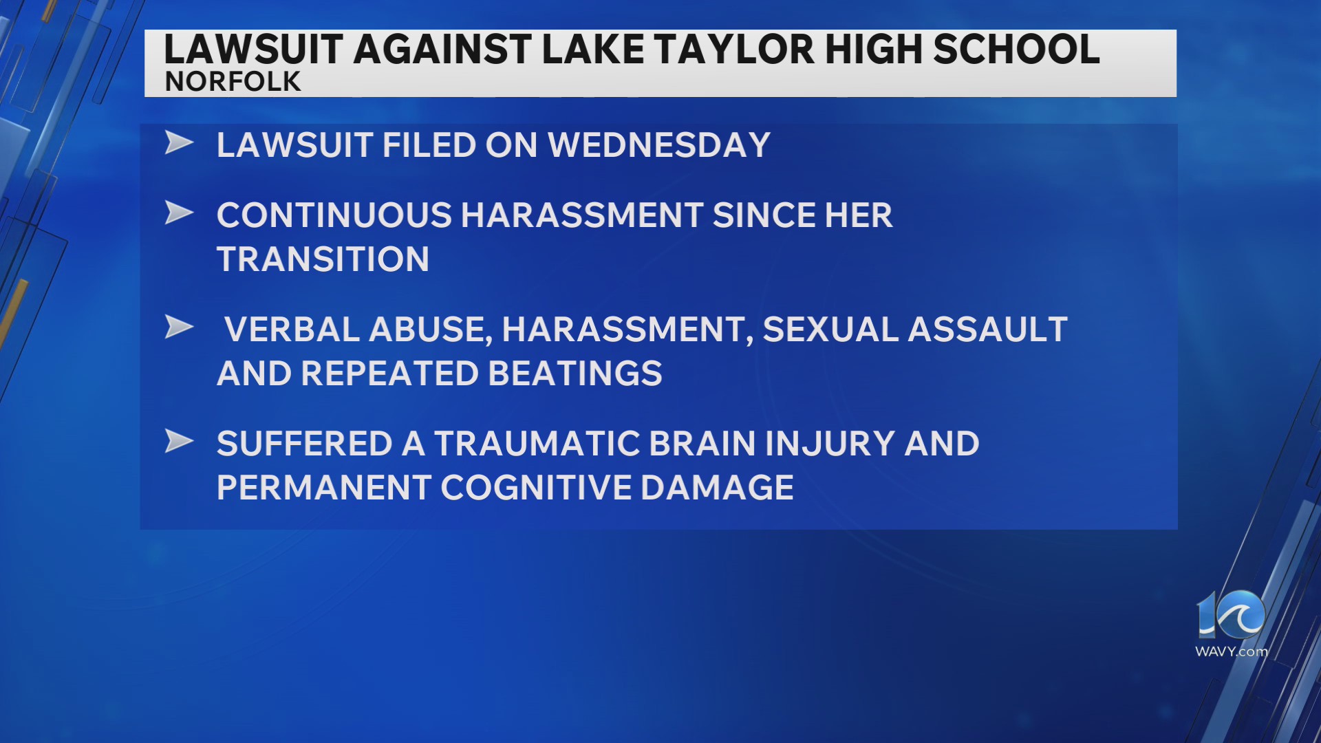 Transgender woman sues Lake Taylor High School over bullying and violence
