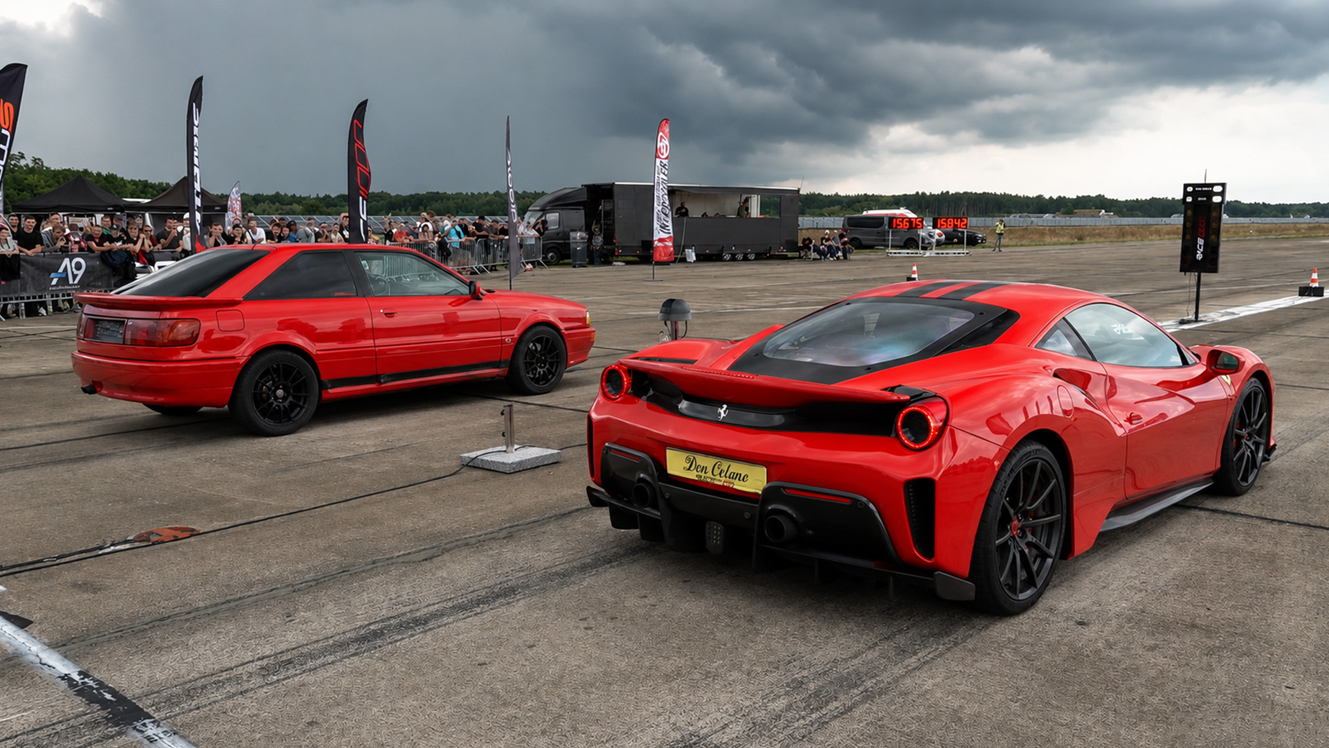 Classic Audi S2 challenges Ferrari 488 Pista in drag battle
