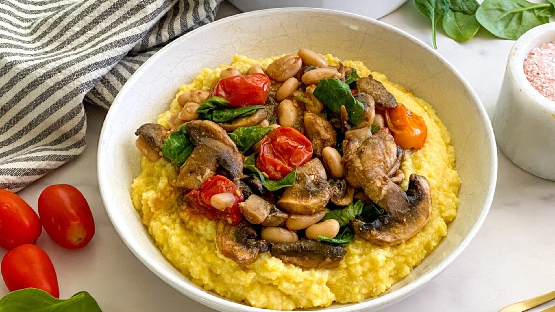 Creamy polenta with white beans and spinach recipe