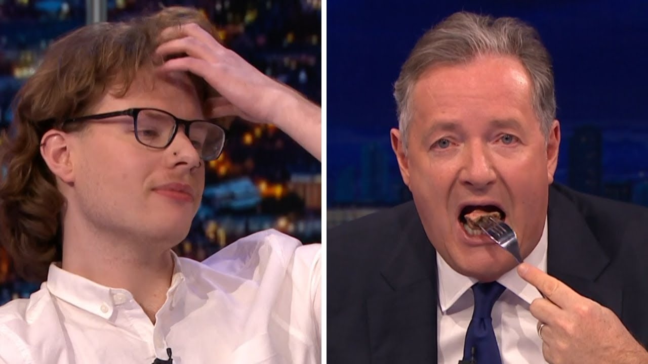 Piers Morgan eats steak in front of vegan protester