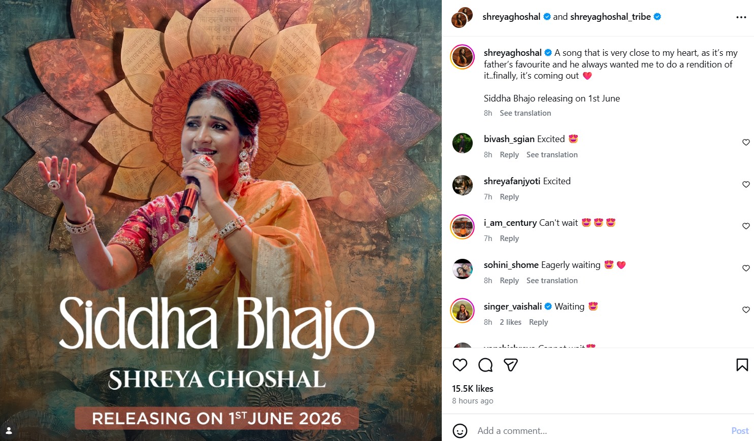 Shreya Ghoshal's song "Siddha Bhajo" to be out on June 1