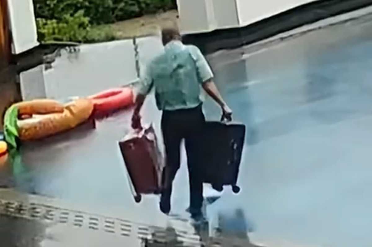 Hotel porter walks into swimming pool while carrying guests’ baggage in ...