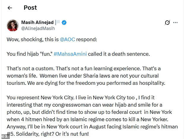 Muslim men seen talking over hijab-clad AOC and ignoring her as she ...