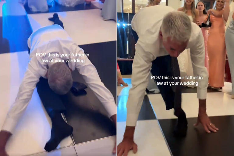 Bride shares wild video of father-in-law, 60, doing splits on dance ...