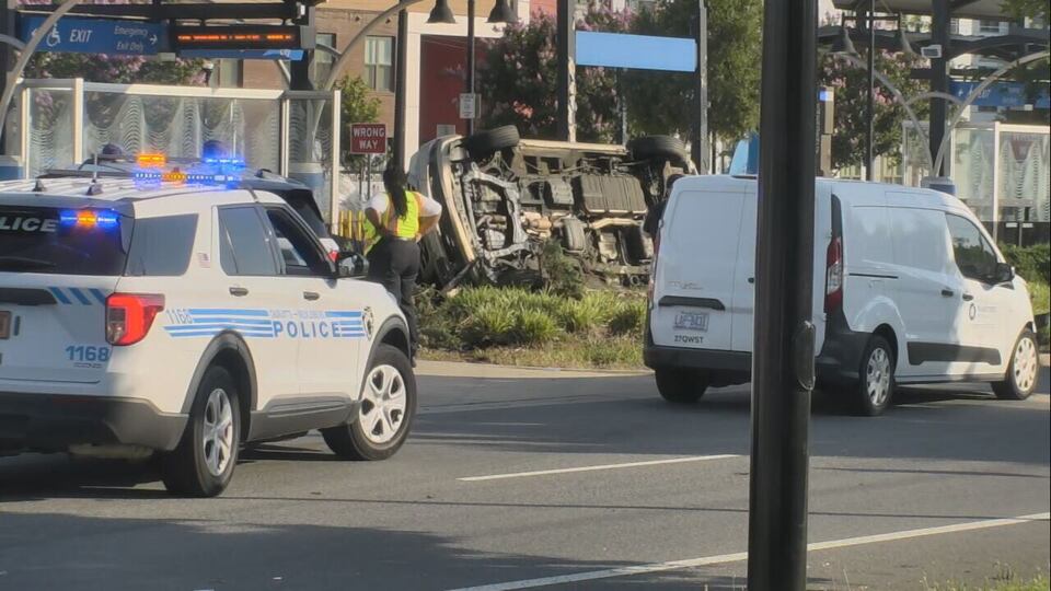 Minivan overturns at University City light rail stop