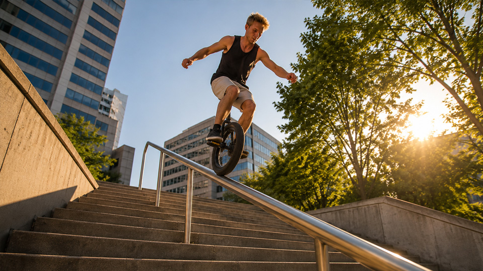 Unicycle rider lands technical tricks with precision
