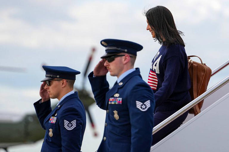 Pregnant Usha Vance shows off baby bump as she steps off Air Force Two
