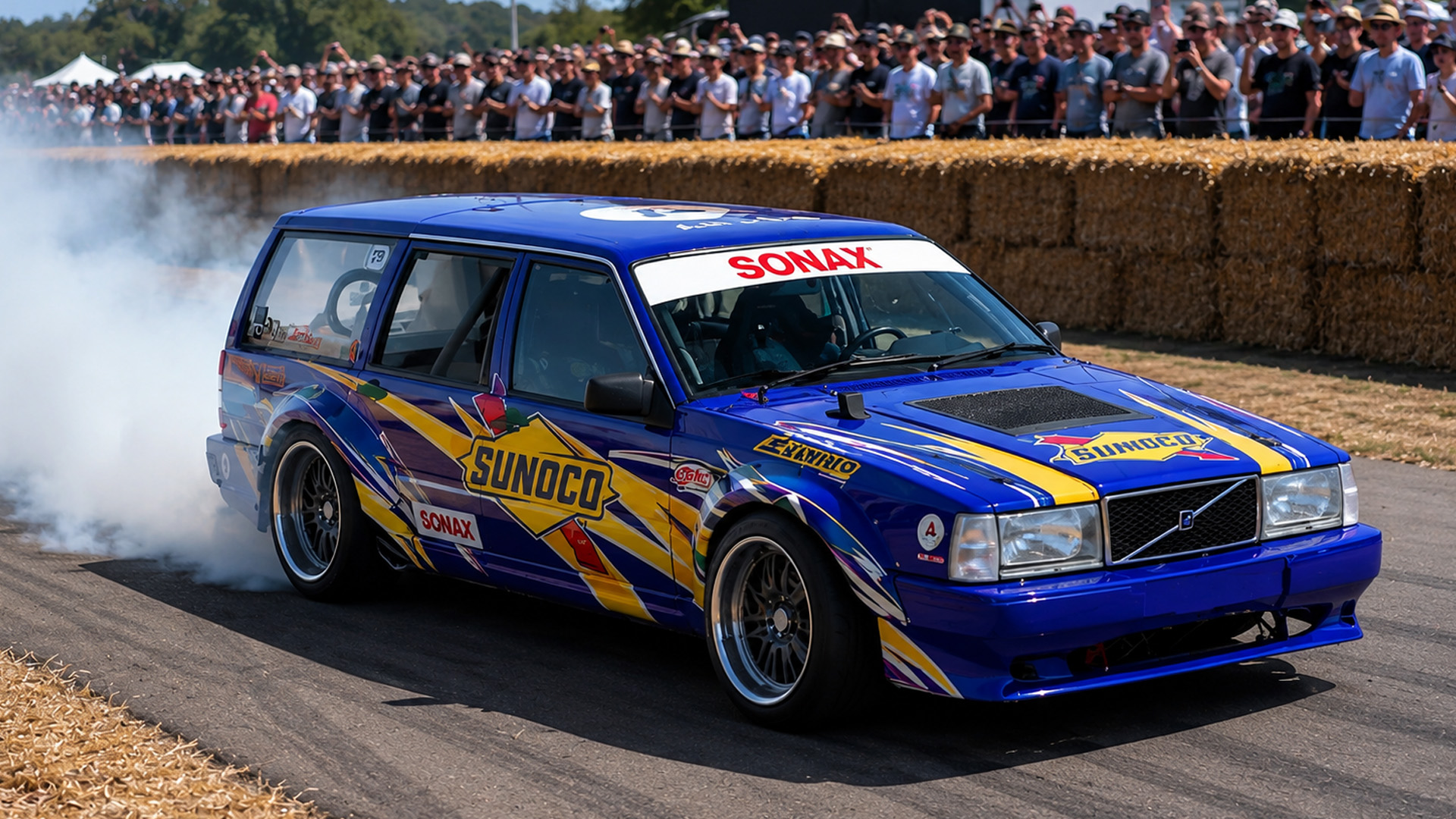 Old Volvo is drifting and doing burnouts on the race track