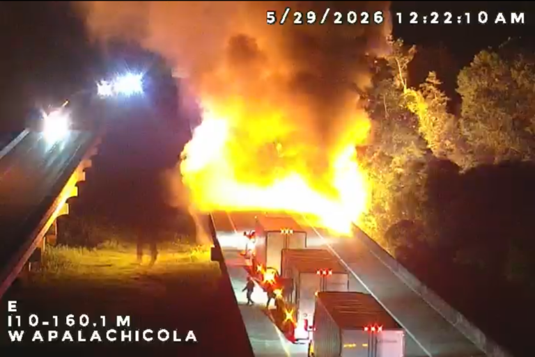 Semi hauling motor oil catches on fire; eastbound I-10 inside lane now open