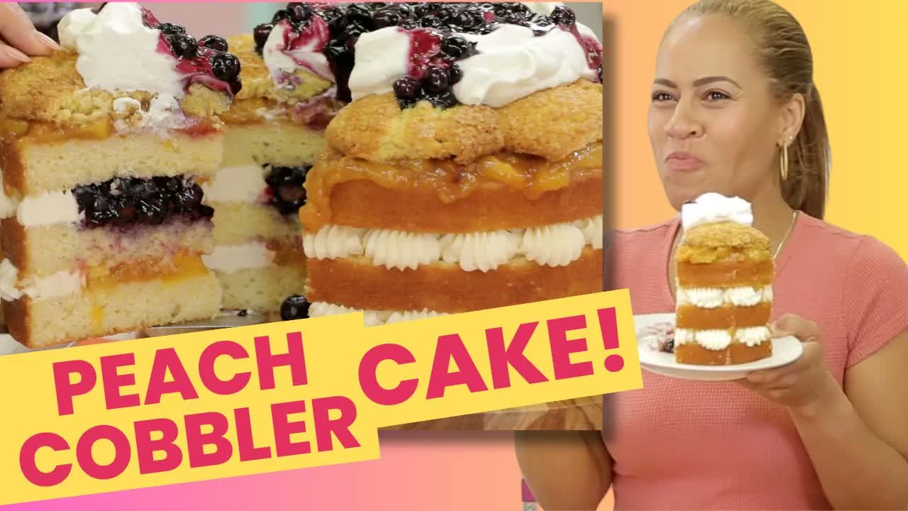 Delicious peach cobbler cake with blueberries