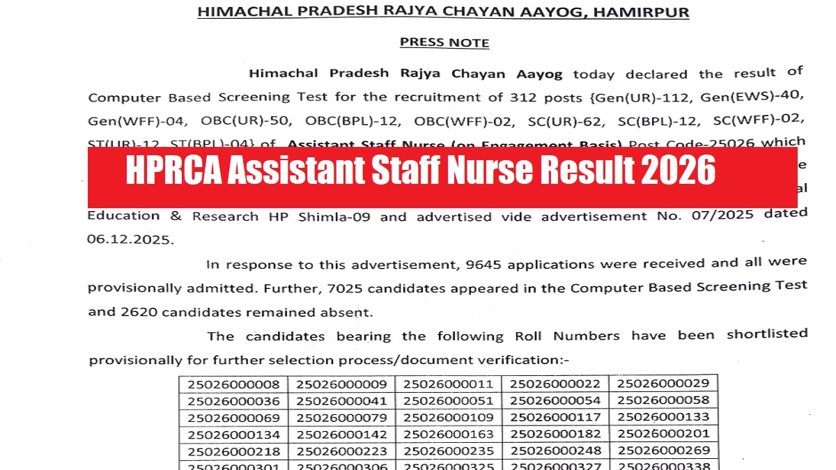 HPRCA result 2026 out for assistant staff nurse posts: Download PDF ...