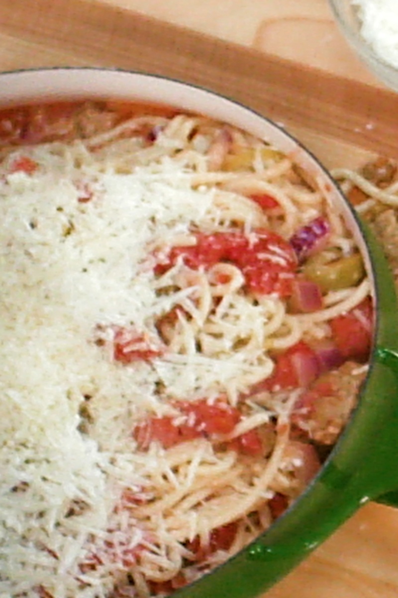 Easy pantry pasta with sausage olives and basil