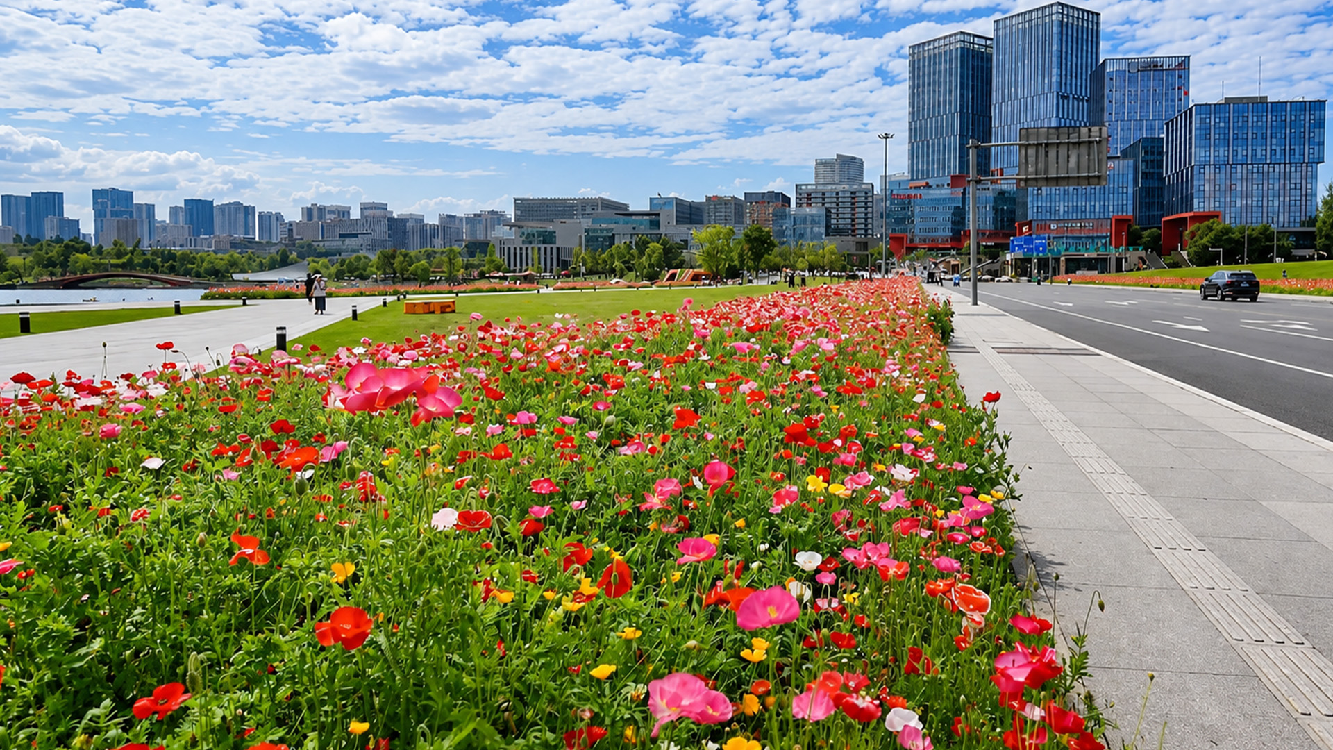 Long flower paths stretch across this fast growing urban landscape