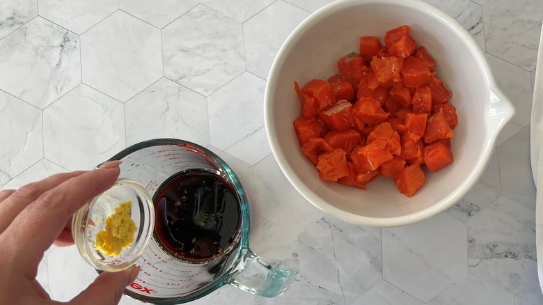 Colorful salmon avocado poke bowl recipe