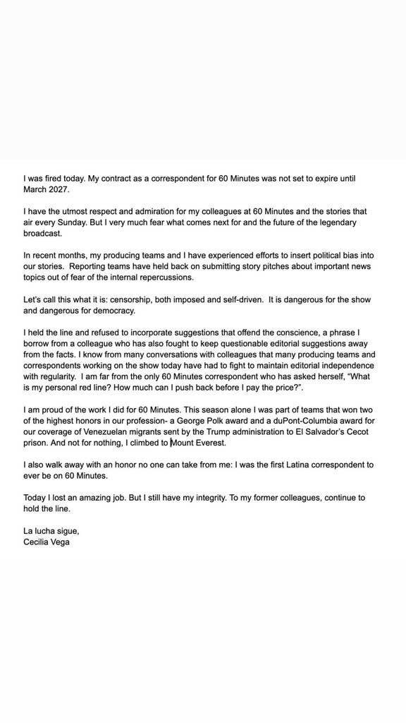 60 Minutes' Cecilia Vega breaks silence on firing with scathing public ...