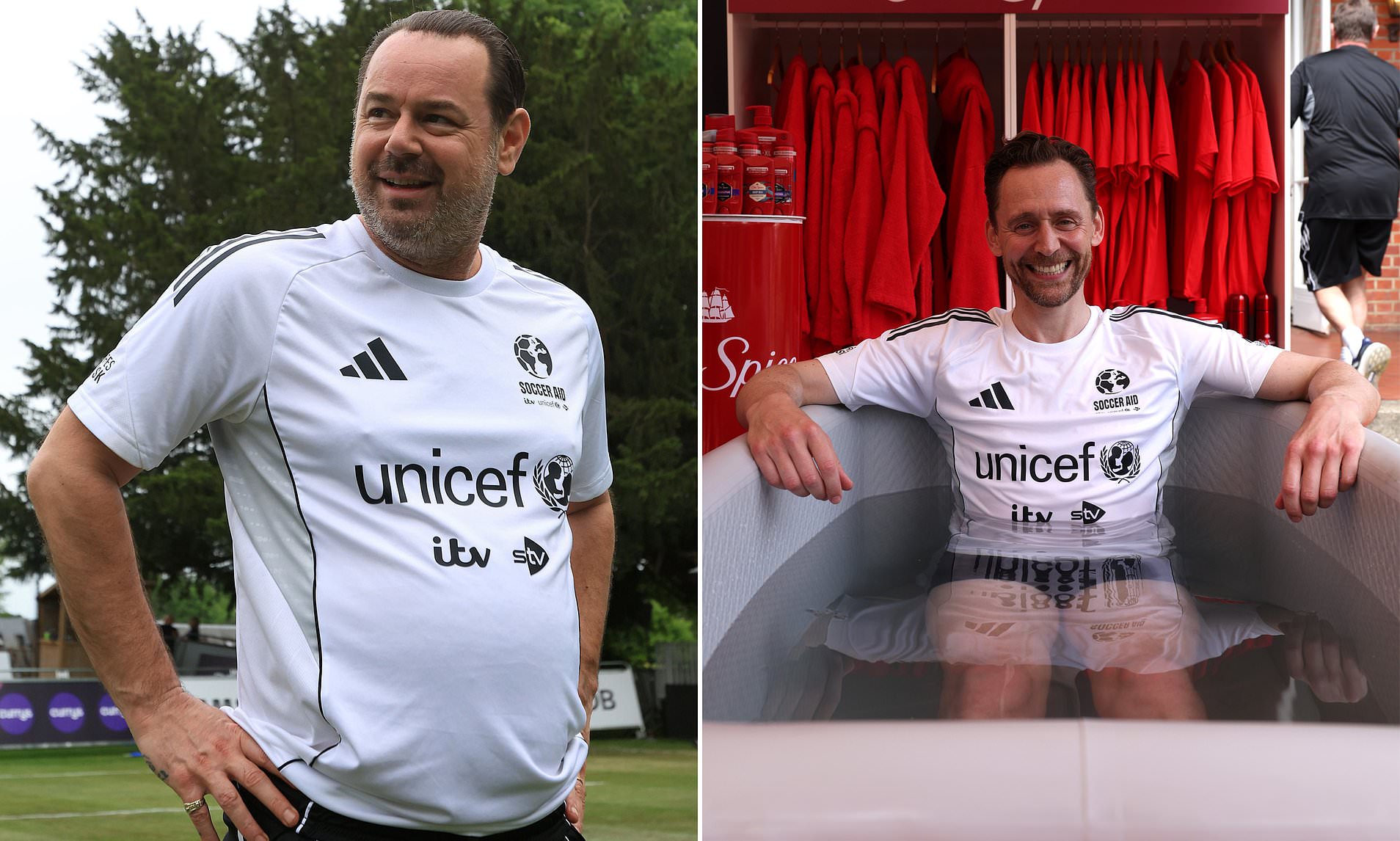 Danny Dyer looks tired during Soccer Aid training as Tom Hiddleston ...
