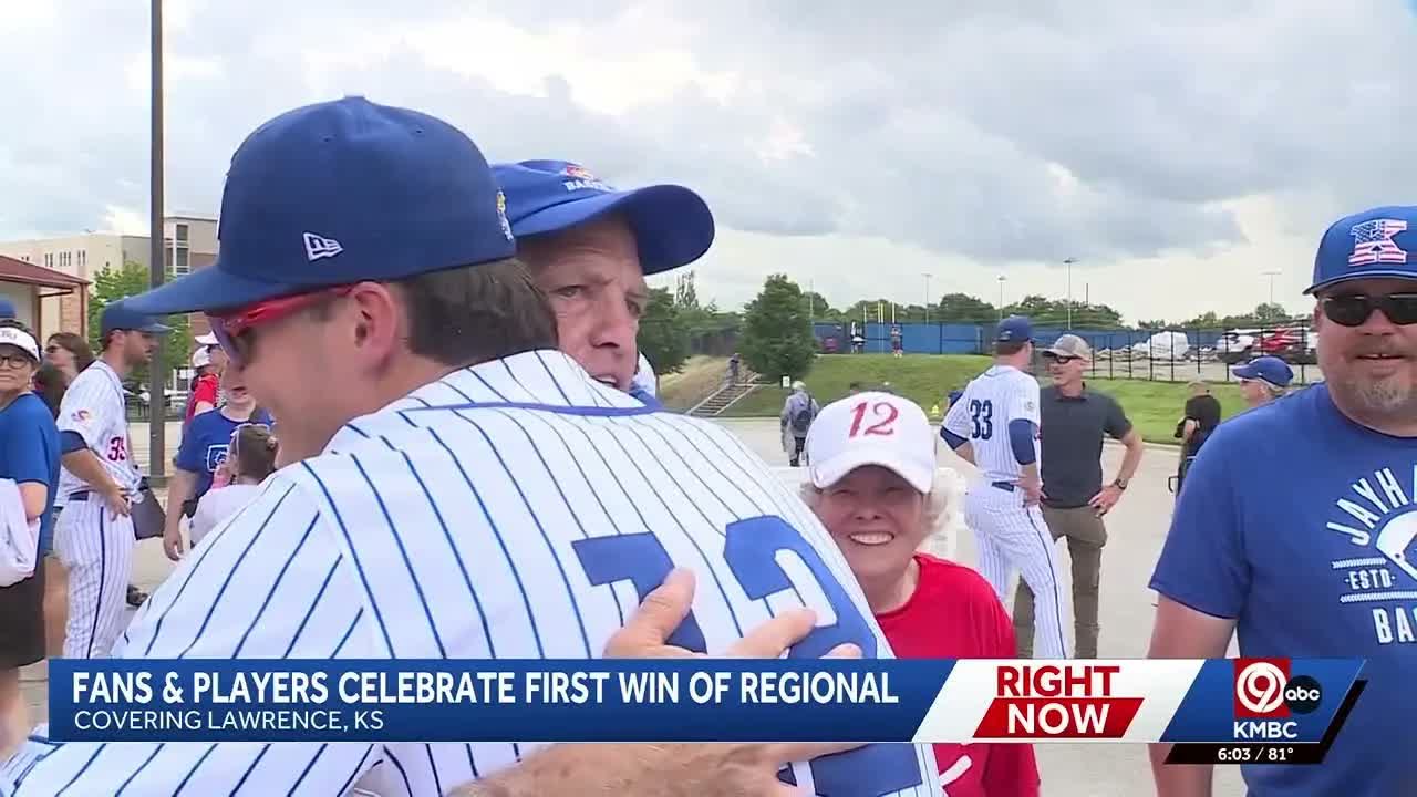 Jayhawks baseball team celebrates first win of regional tournament