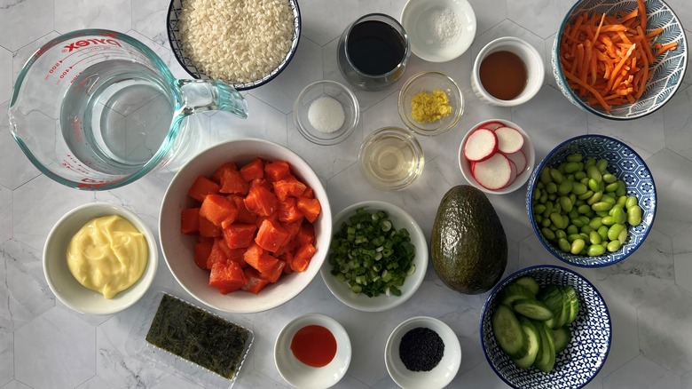 Colorful salmon avocado poke bowl recipe