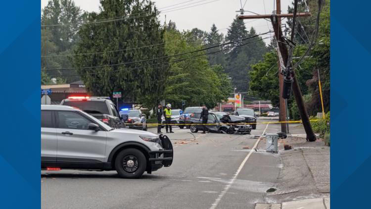 Two-vehicle collision leads to downed power lines, road closure in Bothell