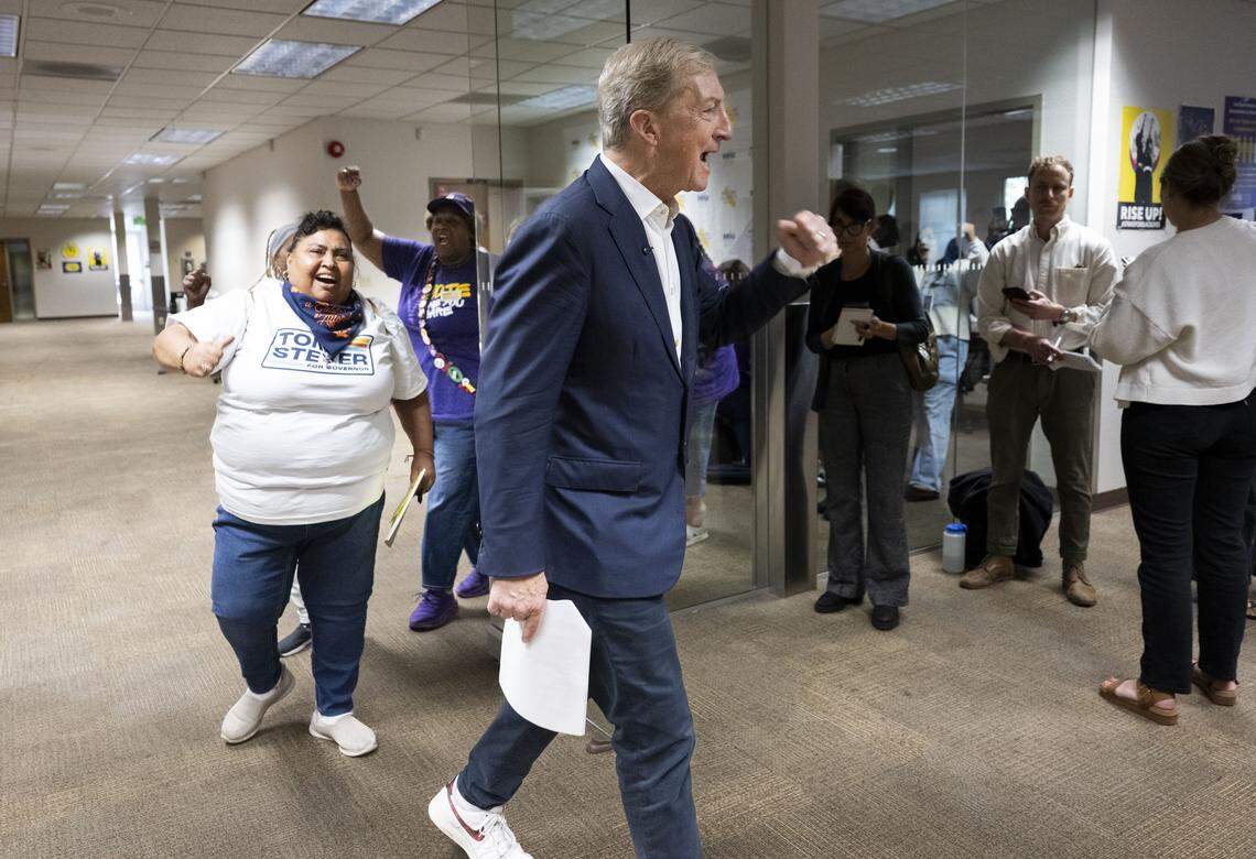 Steyer leans into anti-corporate pitch in West Sacramento as primary nears
