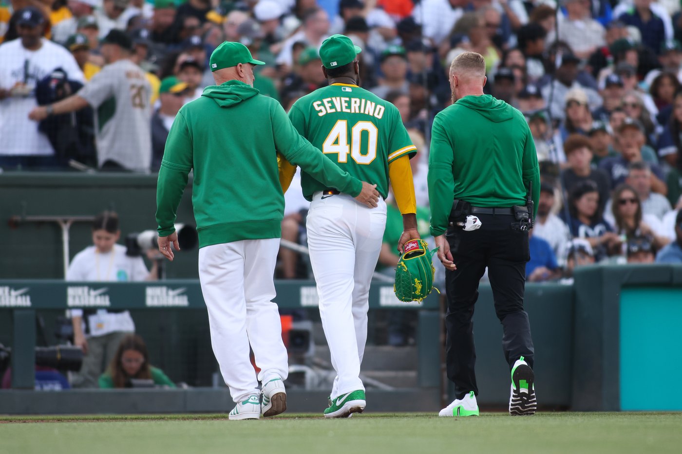 A's starter Luis Severino leaves after 1st inning against the Yankees ...