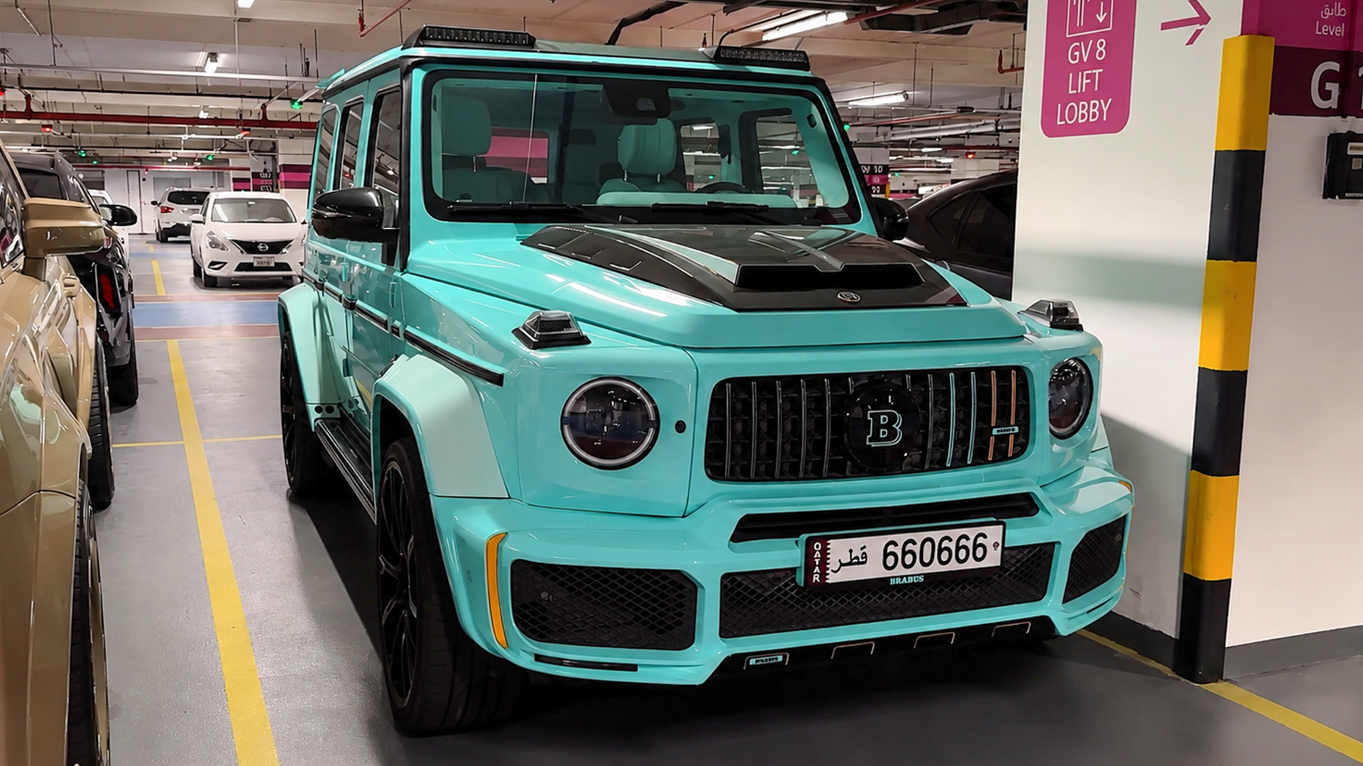 Luxury look of $850,000 Brabus G800 inside parking garage