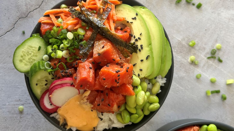 Colorful salmon avocado poke bowl recipe