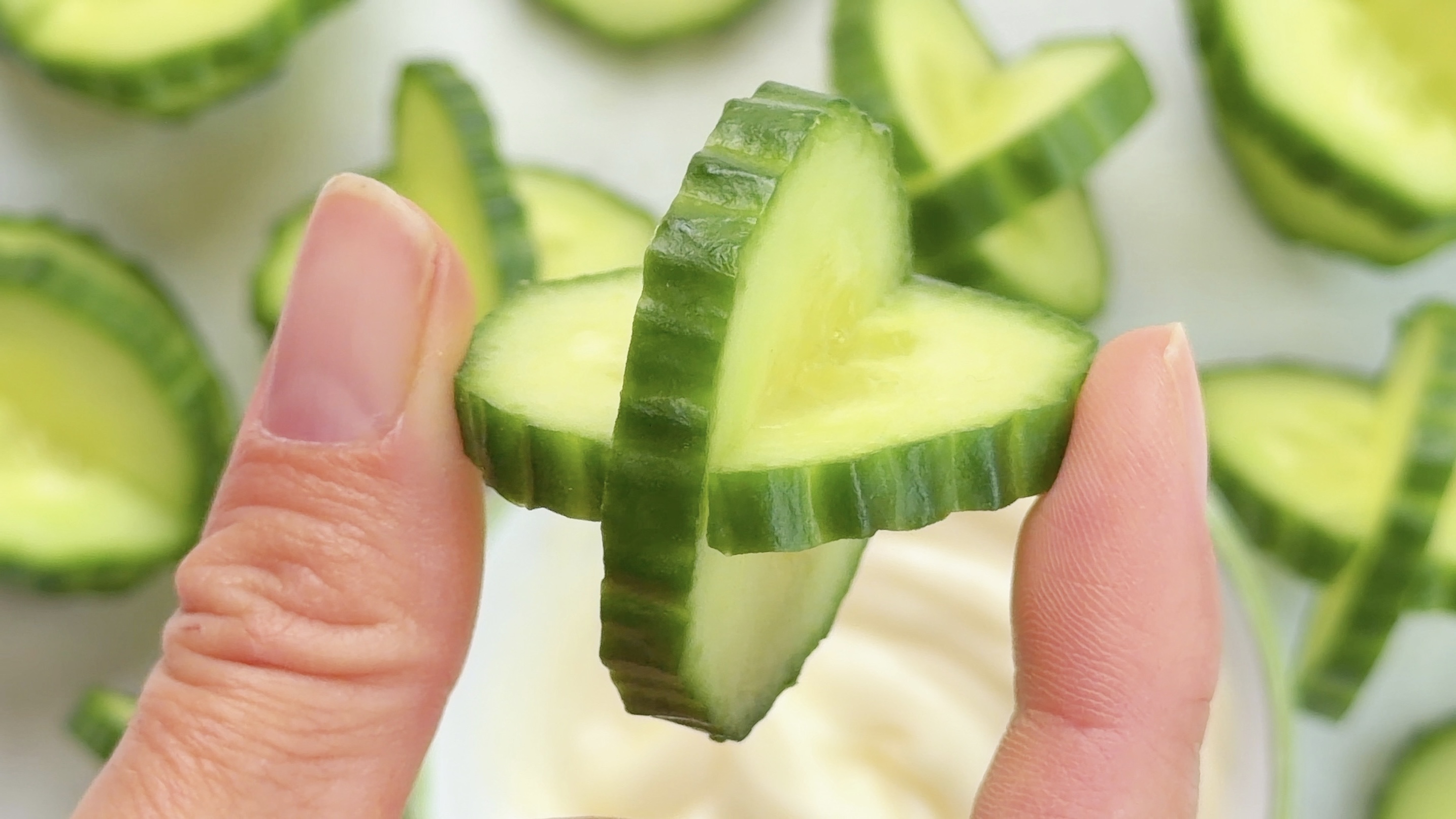 3D cucumber dip hack, fun healthy snack idea