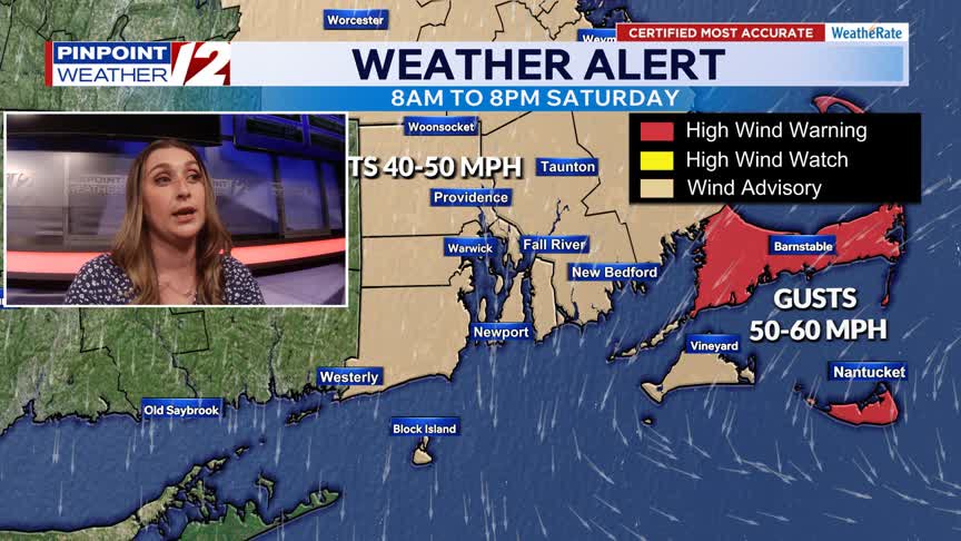 WPRI 12 weather alert 5/29/26: Wind advisory Saturday; chilly with showers