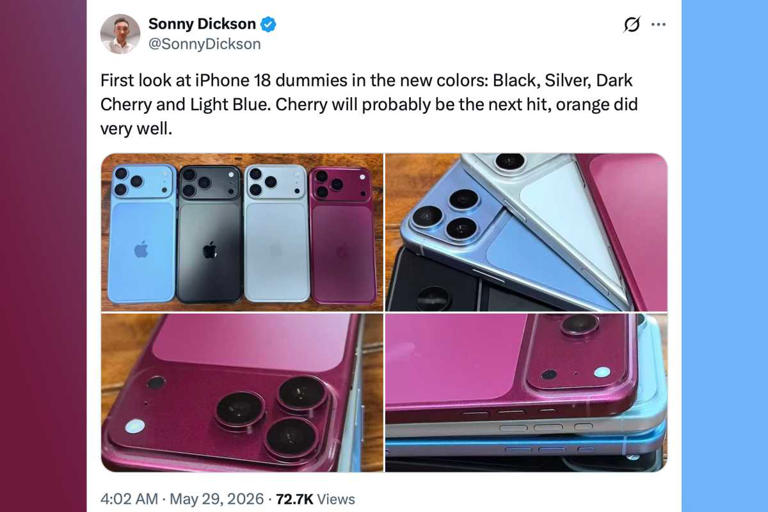 New leak confirms new iPhone 18 Pro dark cherry, light blue colors