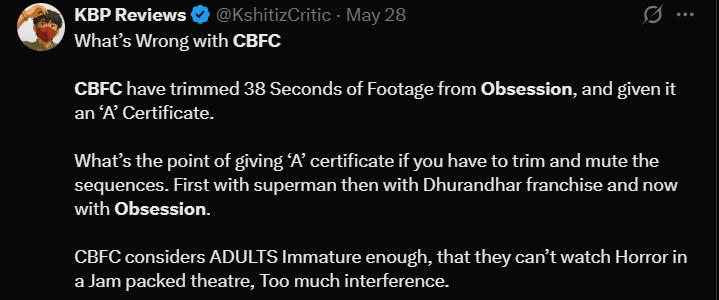 Censor board cuts 38 seconds from Obsession despite A rating, horror ...