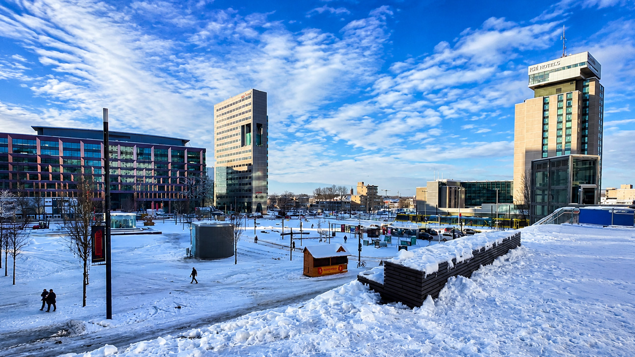 Utrecht snow walk with towers and city streets