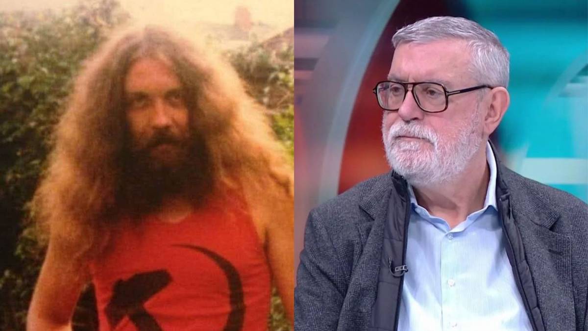 Esta imagem mostra um jovem José Milhazes com uma t-shirt com símbolo ...